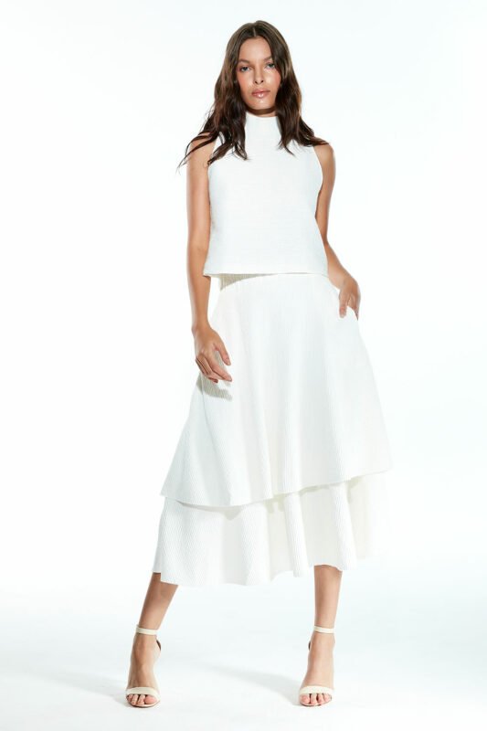 Saia Off White Midi em Linho Texturizado de Linho - Clari Store